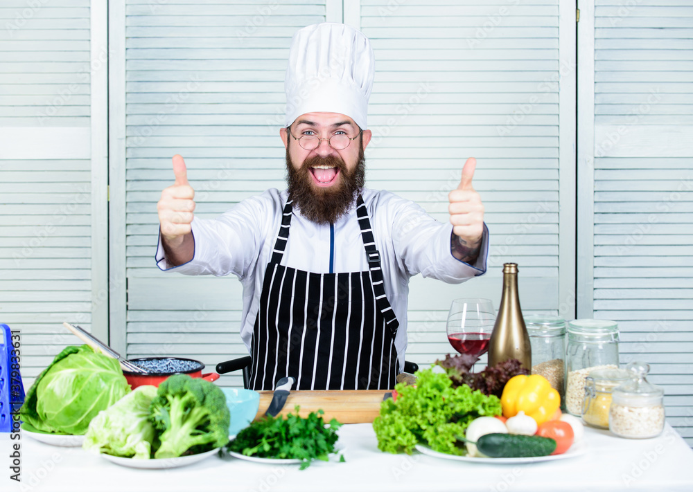 Get ready. Man bearded chef getting ready cooking delicious dish. Chef ...