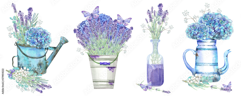Clip art set with hydrangeas, floral elements, lavender in a glass vase ...