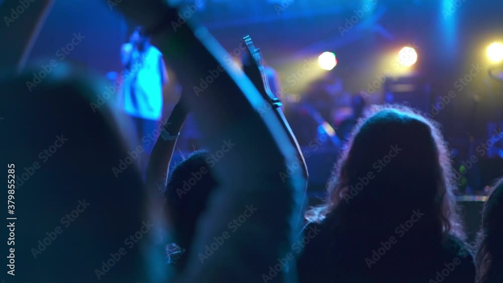 Crowd of fans of the musical band applauding in a nightclub during live ...