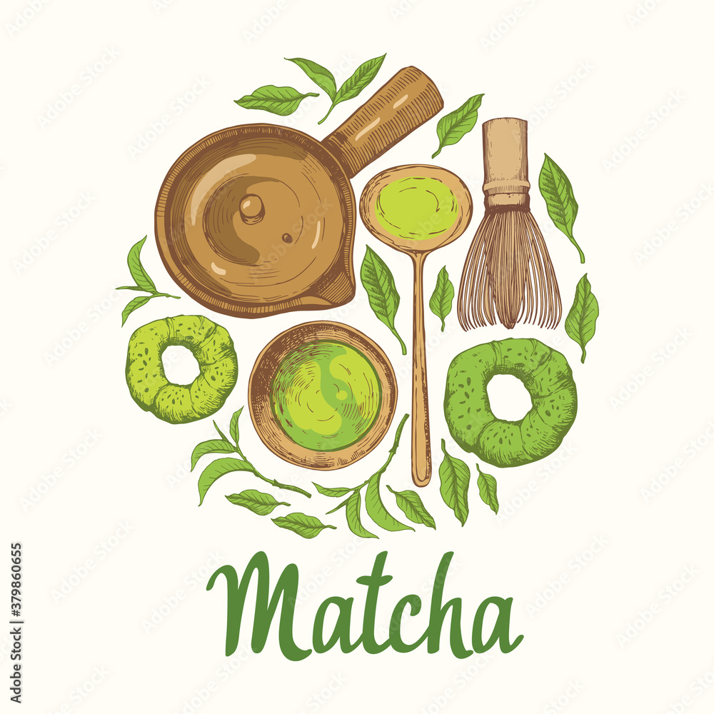 Matcha vector illustration with food and drink sketch. Round ...