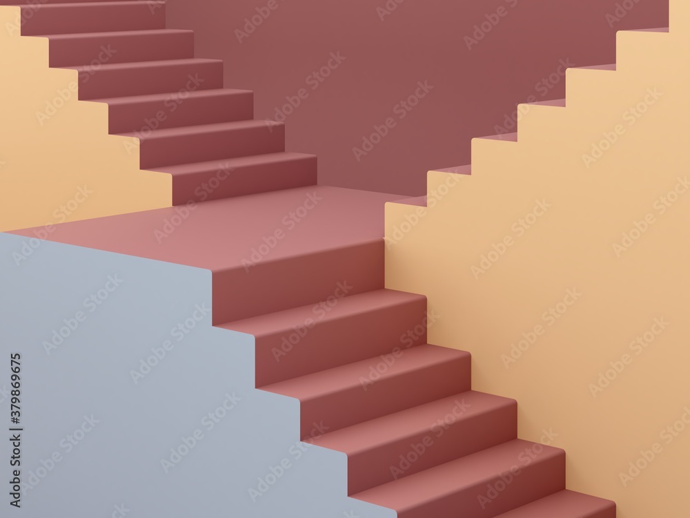 3d rendering. Stairs in a minimalist interior with modern geometric ...