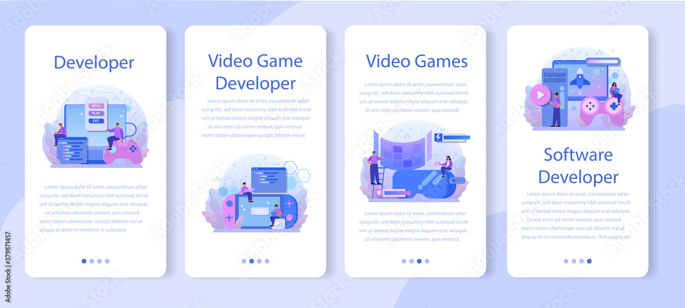 Game development mobile application banner set. Creative process Stock ...