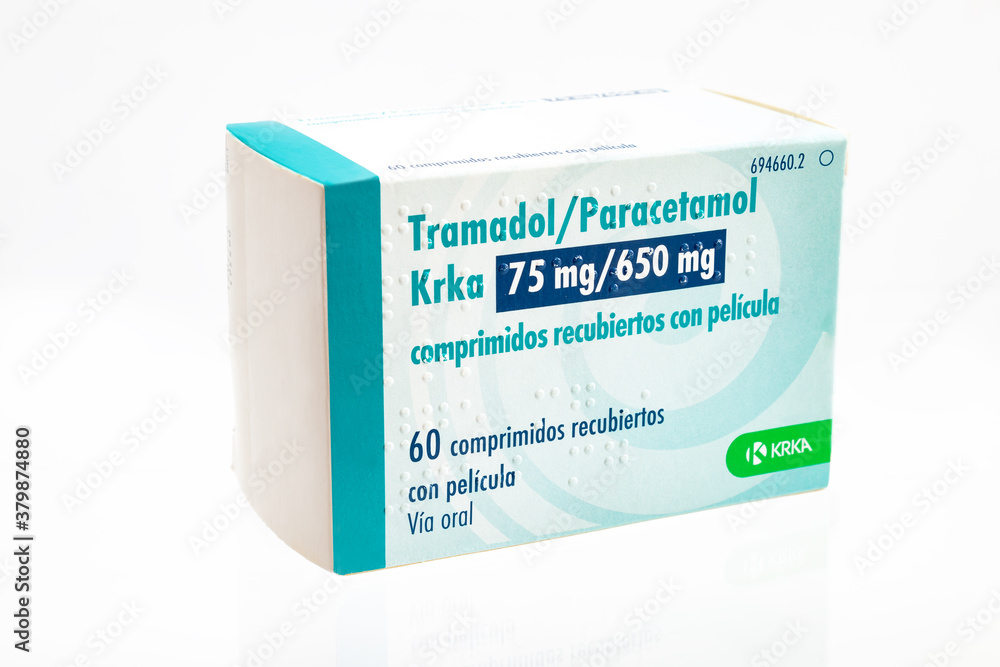Huelva, Spain-September 23,2020: Spanish box of Tramadol hydrochloride and Paracetamol from Krka ...
