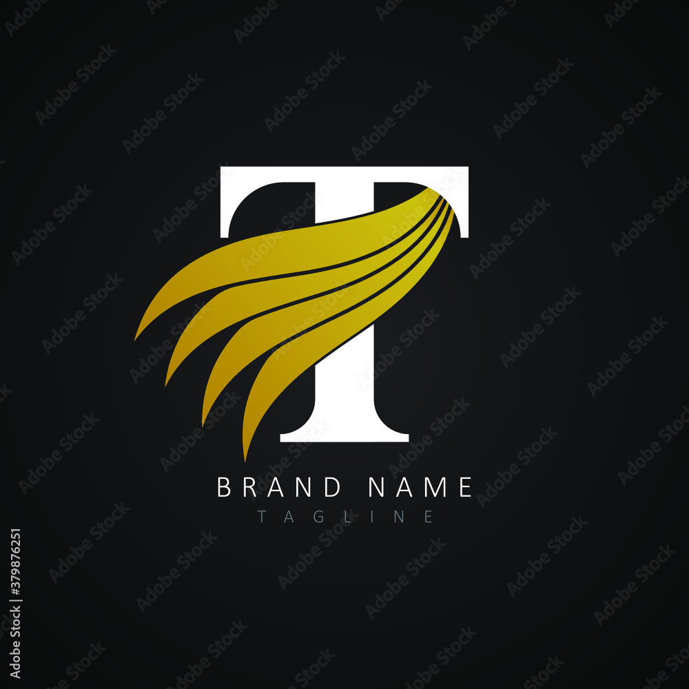 Letter T Logo with Golden Wing Icon, Initial T Wing Logo, Vector Stock ...