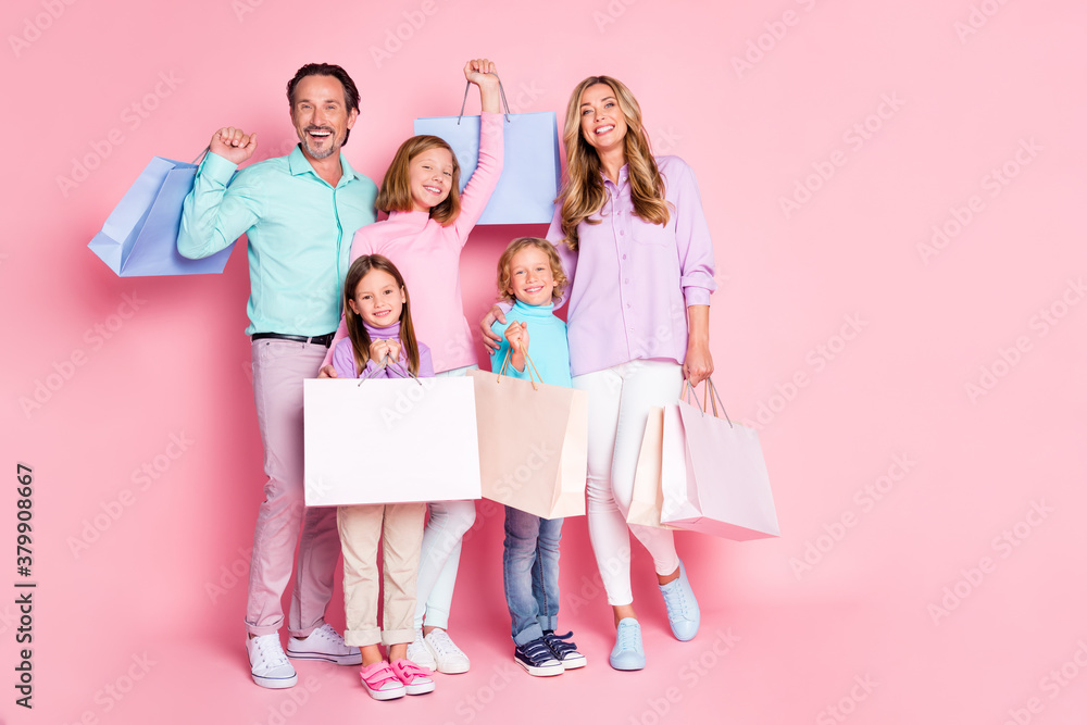 Full body photo of positive people shopping mall clients happy family ...