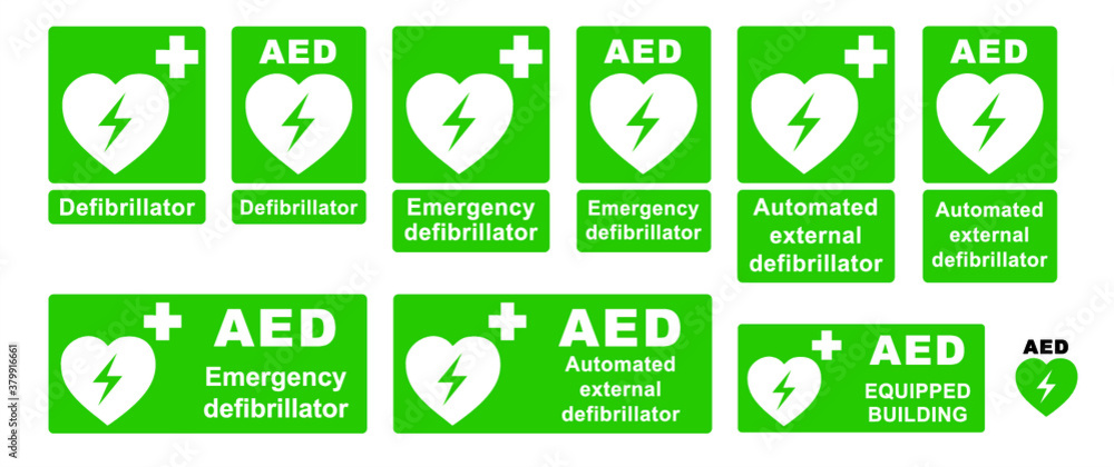 Emergency defibrillator AED AID CPR location signs Stop safety first ...