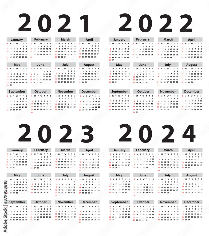 Calendar set 2021; 2022; 2023; 2024; starting from Sunday. Vector Stock ...