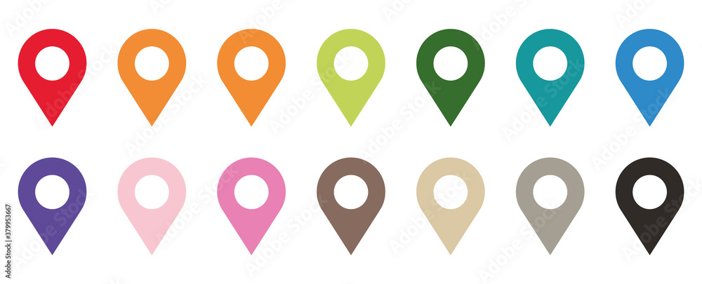 Colored set of map pointers. Location symbol isolated on white ...