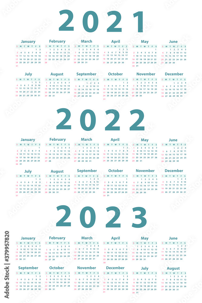 Calendar set 2021; 2022; 2023; starting from Sunday. Vector ...