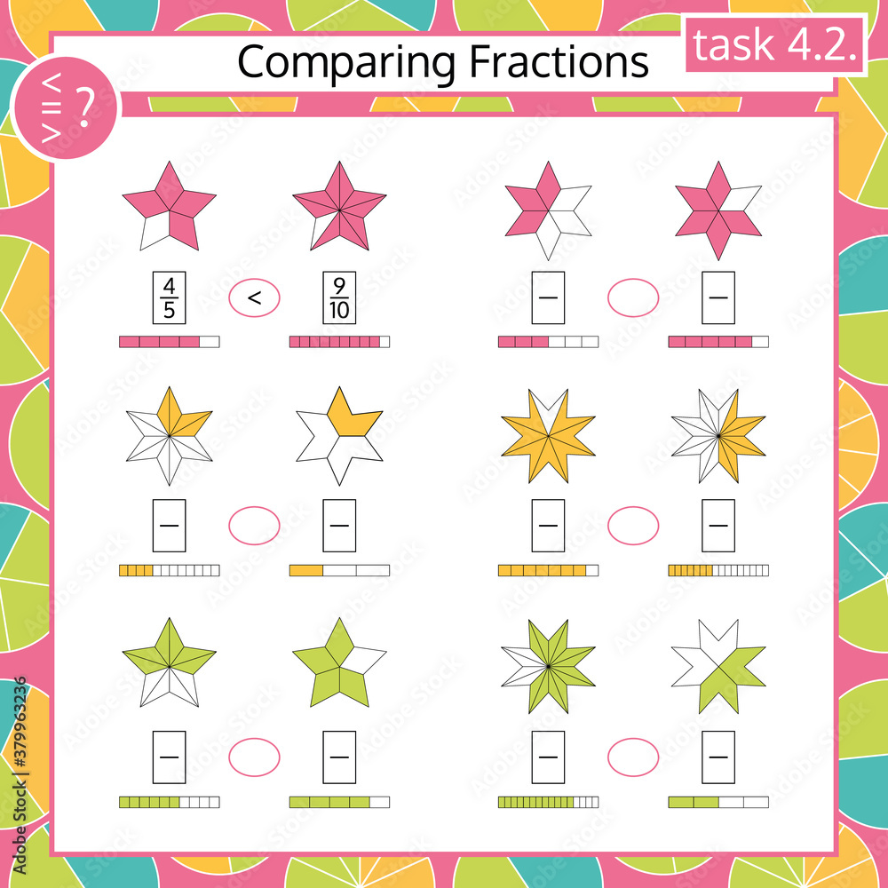 Comparing Fractions Mathematical Worksheet Set. Math Puzzle ...