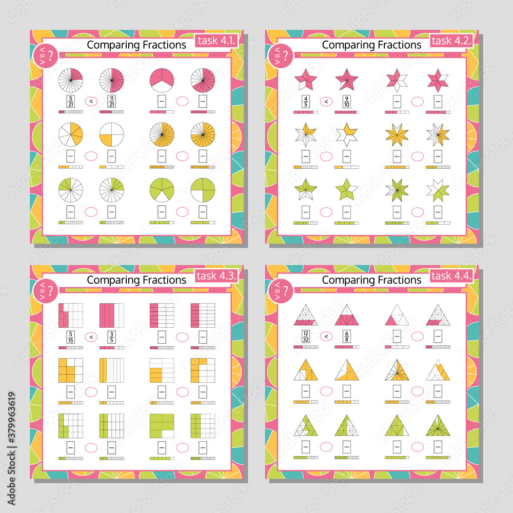 Comparing Fractions Mathematical Worksheet Set. Math Puzzle ...