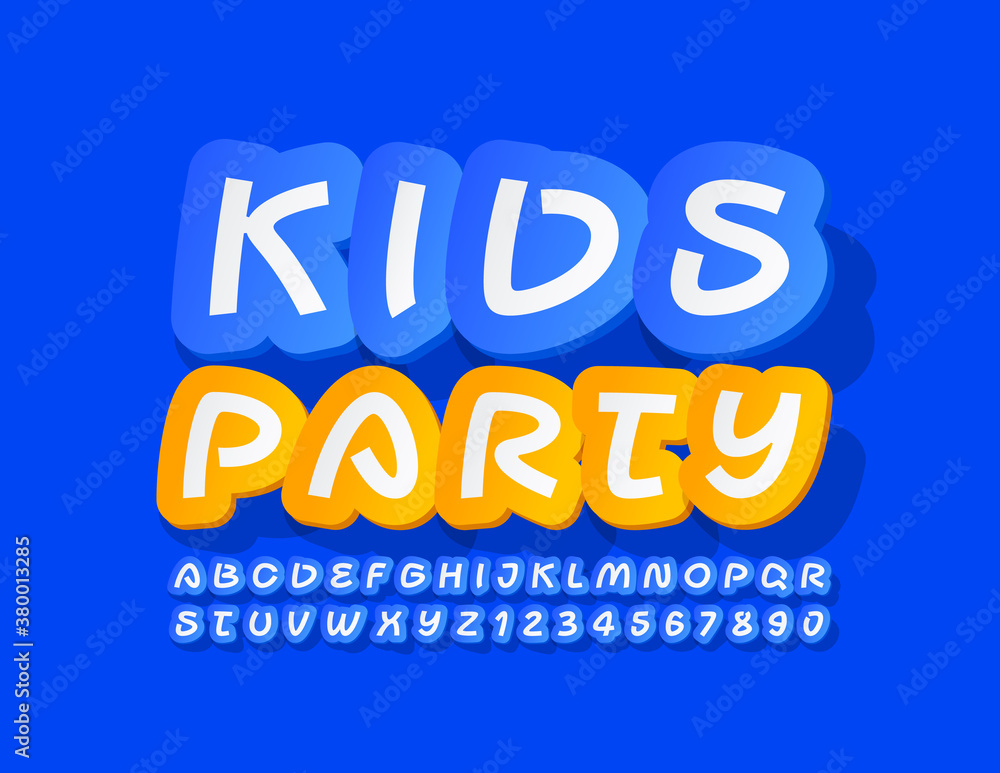 Vector event poster Kids Party. Blue sticker Font. Bright Handwritten ...