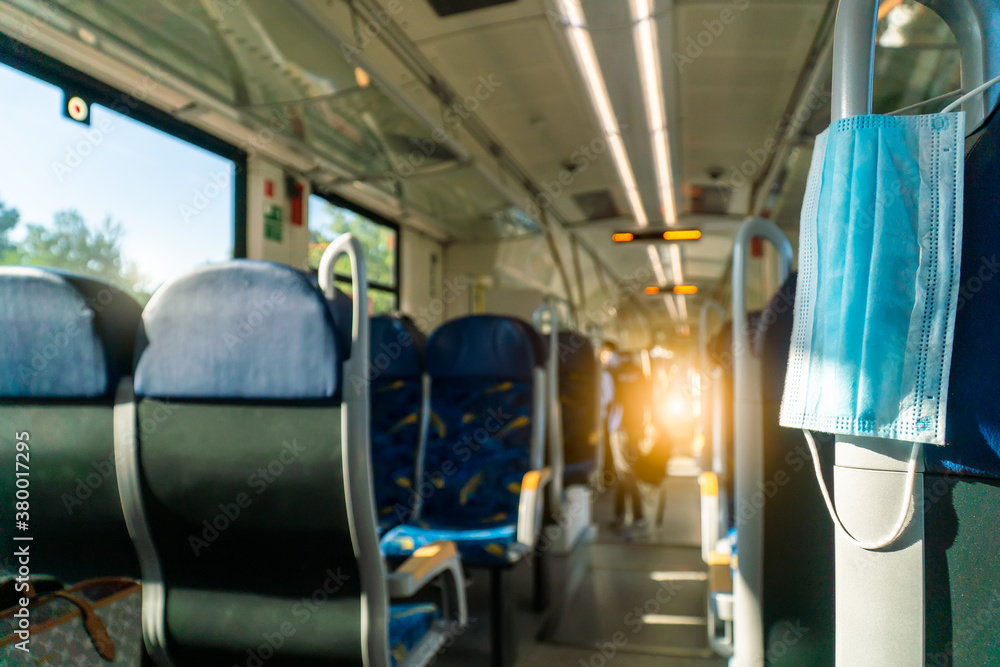 Empty inside train bus subway public transport with window view and ...