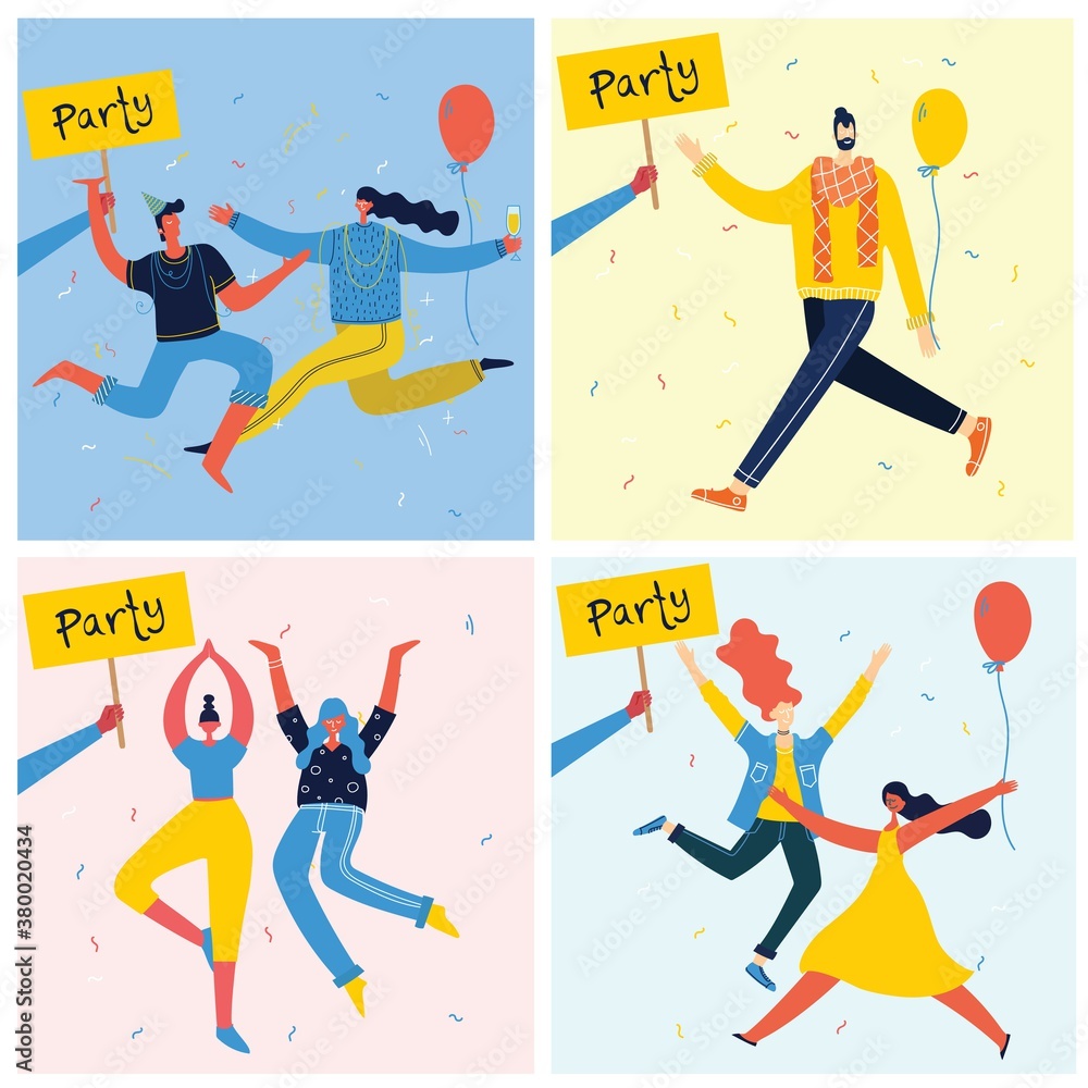 Vector cartoon illustration of Happy group of people celebrating ...