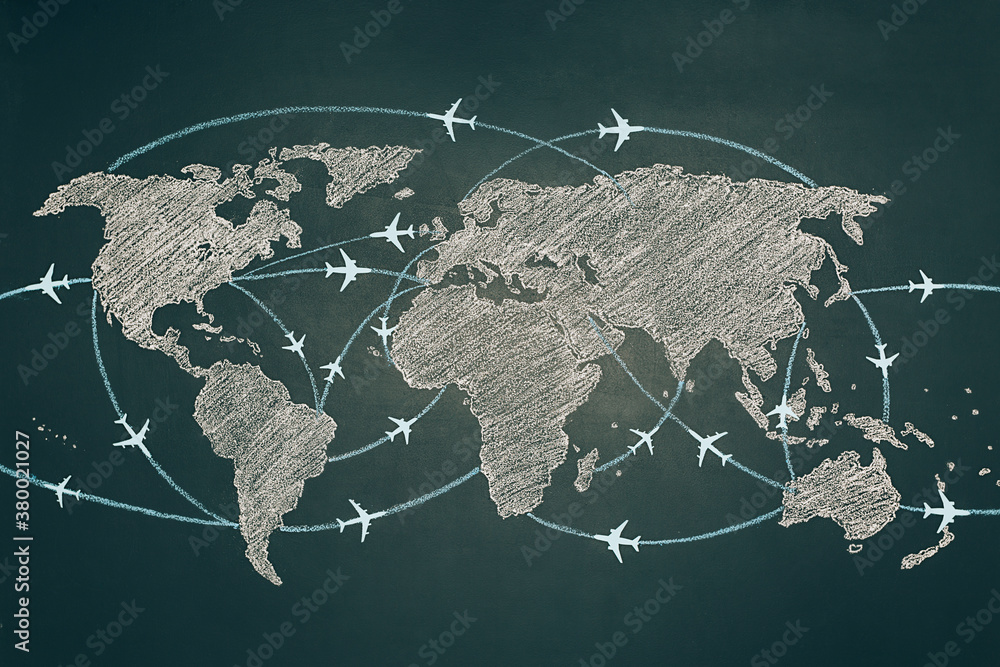 World map with flying planes on it Stock Photo | Adobe Stock