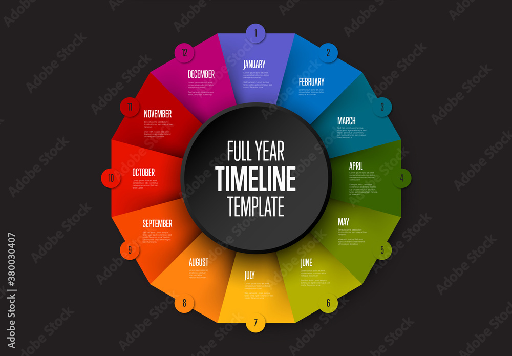 Full Year Timeline on Dark Circle Folded Paper Stock Template | Adobe Stock