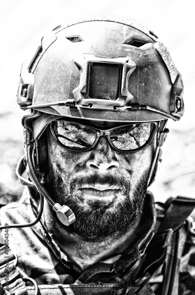Shoulder portrait of army soldier, special forces fighter, modern ...