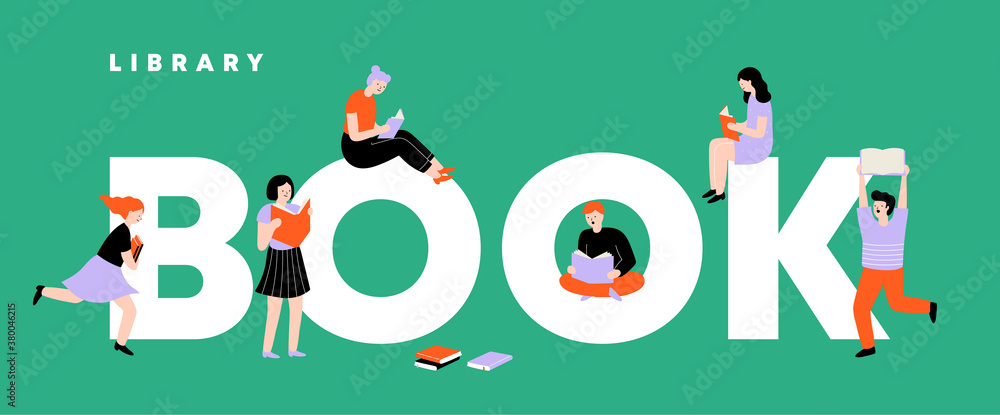 Book festival poster concept. young men and women reading a books ...