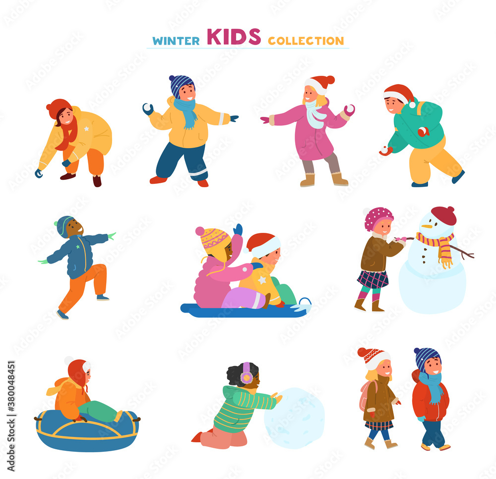 Vector Set Of Happy Kids Playing In Winter Outdoors. Children's Winter ...