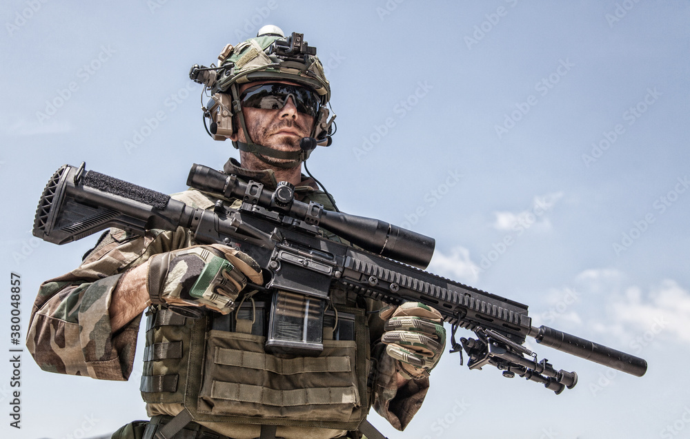 Half-length portrait of special forces sniper or marksman, army soldier ...