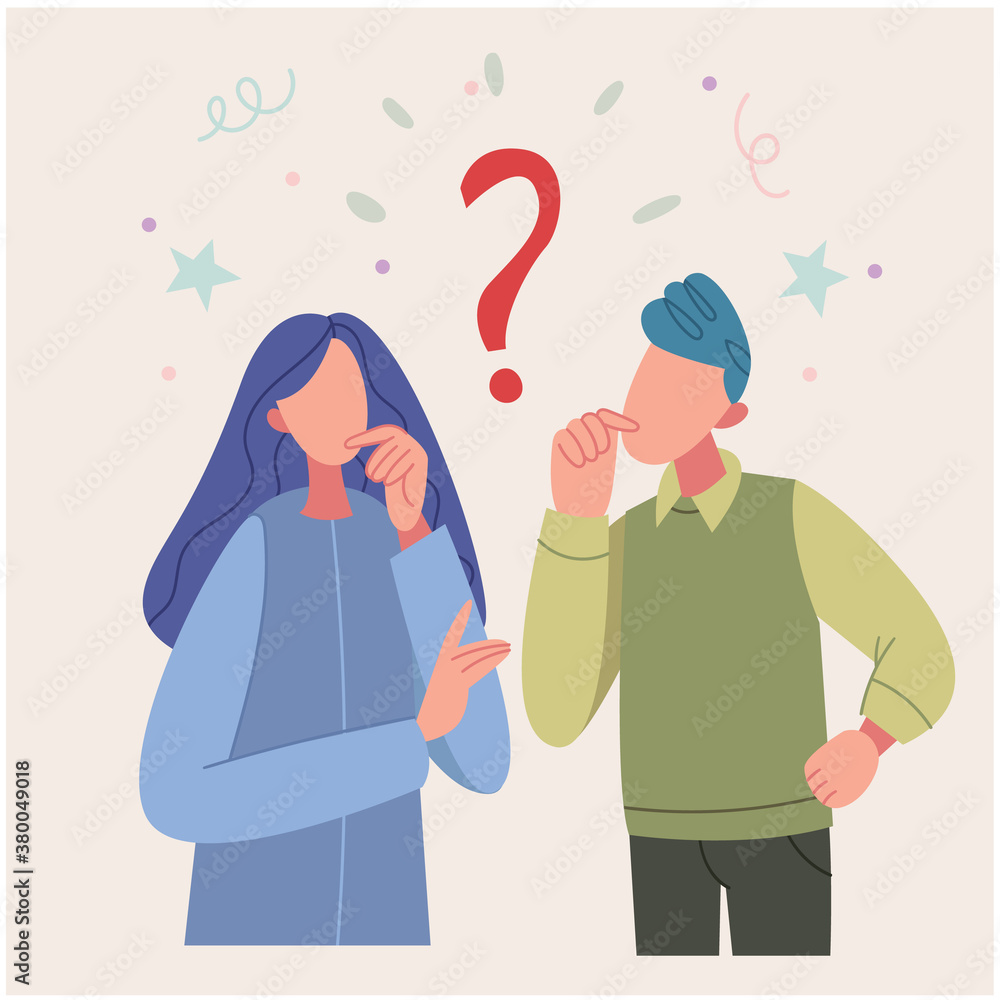 Thinking couple. Thoughtful man and woman, confused troubled question ...