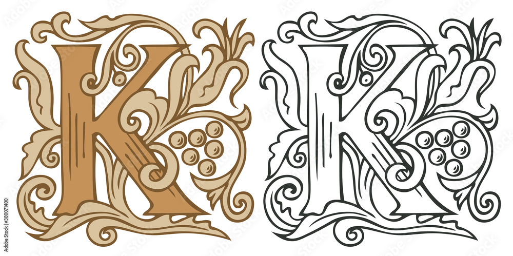 Initial letter K with vintage Baroque decorations. Two vector uppercase ...