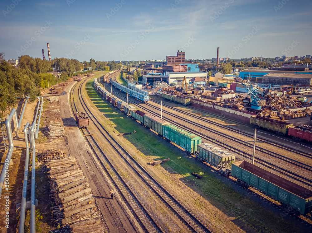 Industrial scene with trains, railway platform, Metalworking plant, top ...