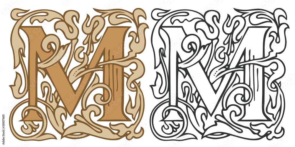 Initial letter M with vintage Baroque decorations. Two vector uppercase ...