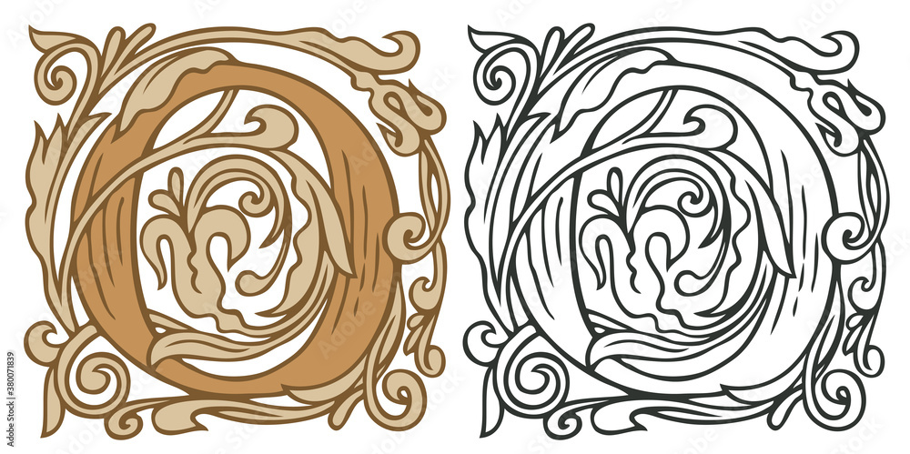 Initial letter O with vintage Baroque decorations. Two vector uppercase ...