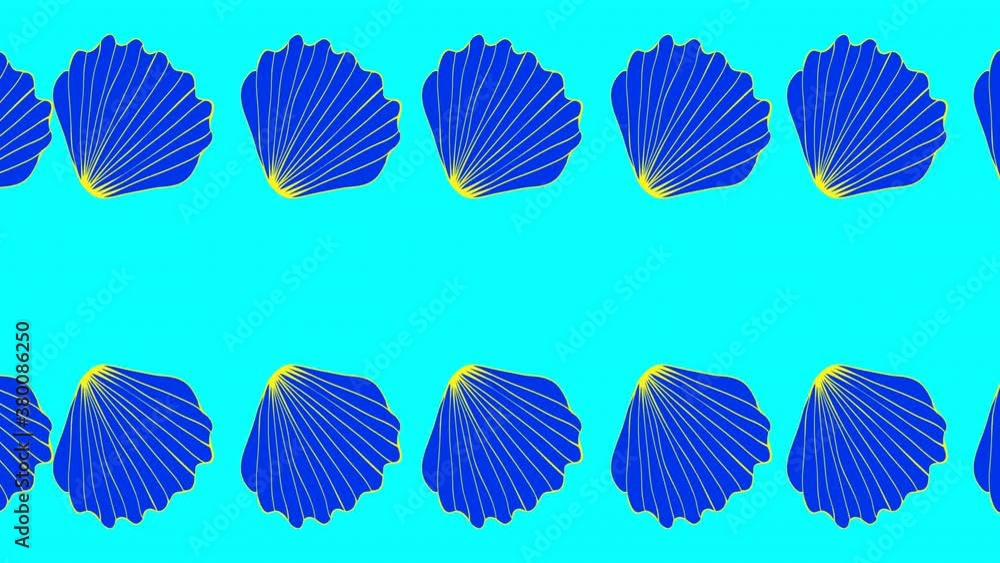 Animated background with Seashells horizontal moving flow on a blue ...