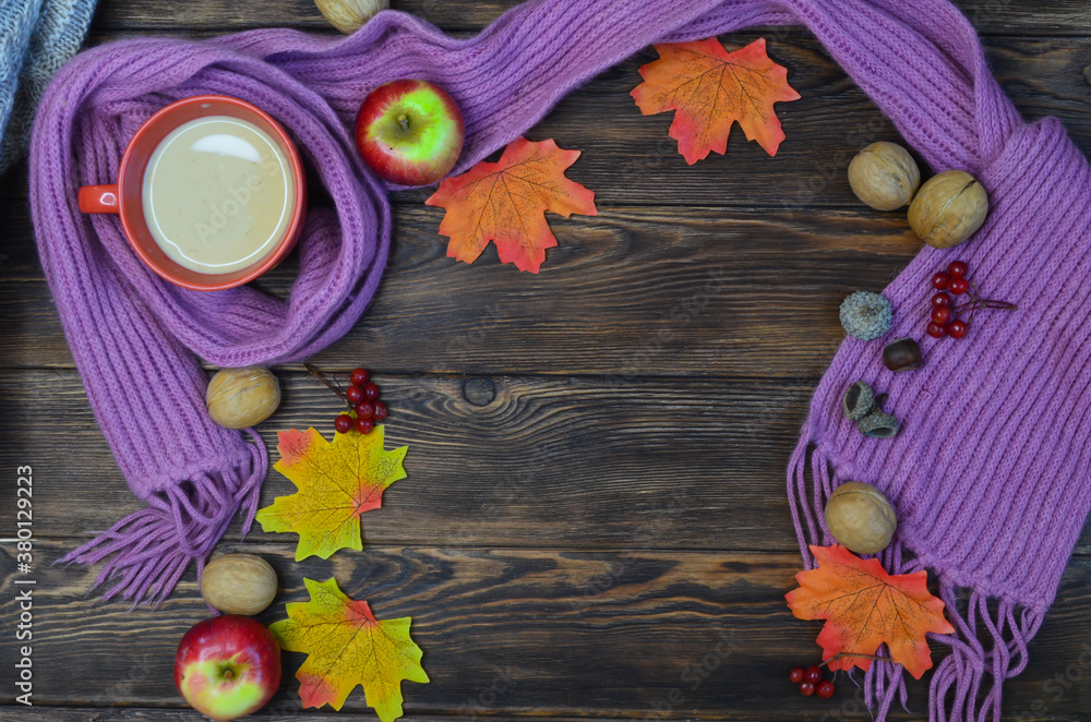 Cozy autumn morning and breakfast, warming drink, warm scarf cocoa ...