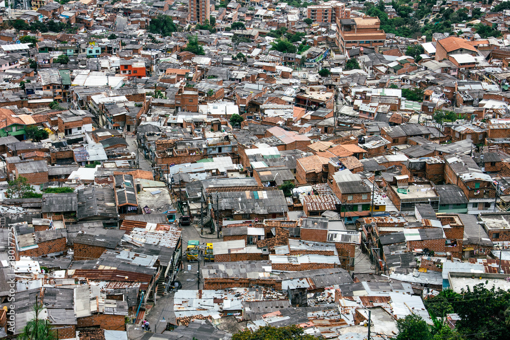 Poor and old houses and buildings city pattern. Slums in Medellin ...