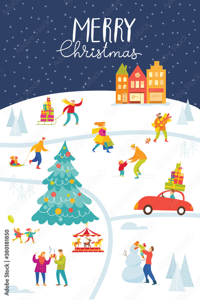 Christmas Market card or poster with city map and people doing winter ...