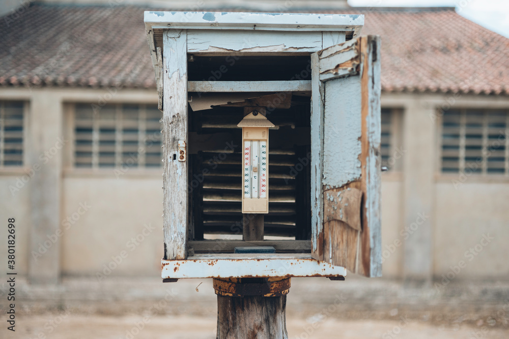 old wood box with thermometer inside Stock Photo | Adobe Stock