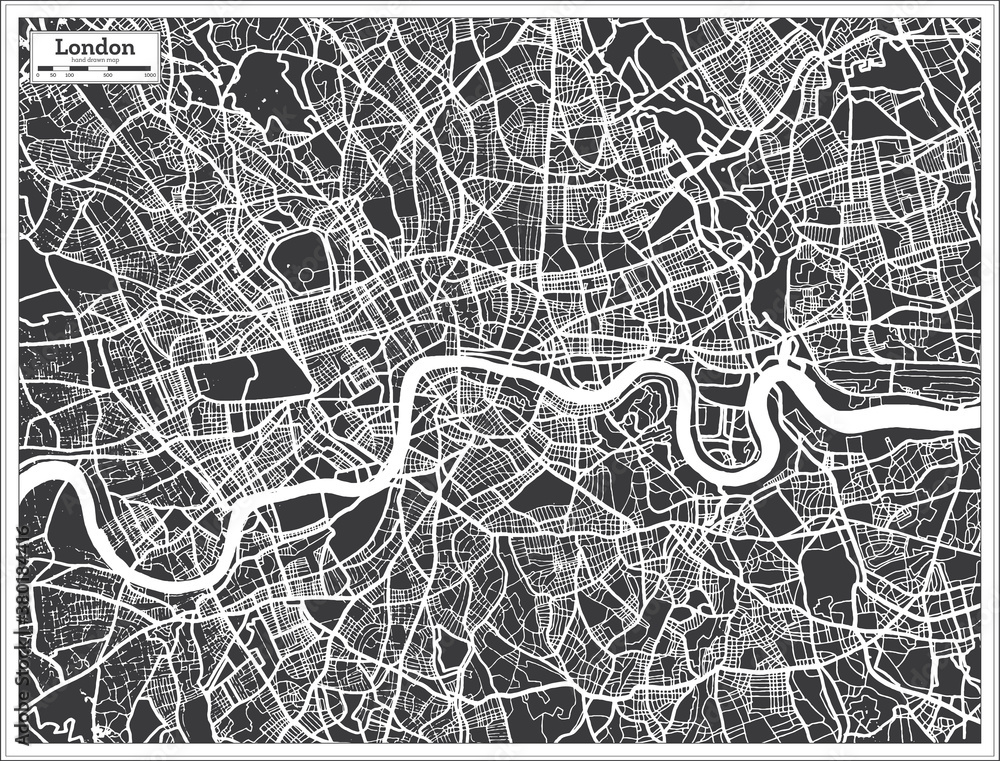 Poster London UK City Map in Black and White Color in Retro Style ...