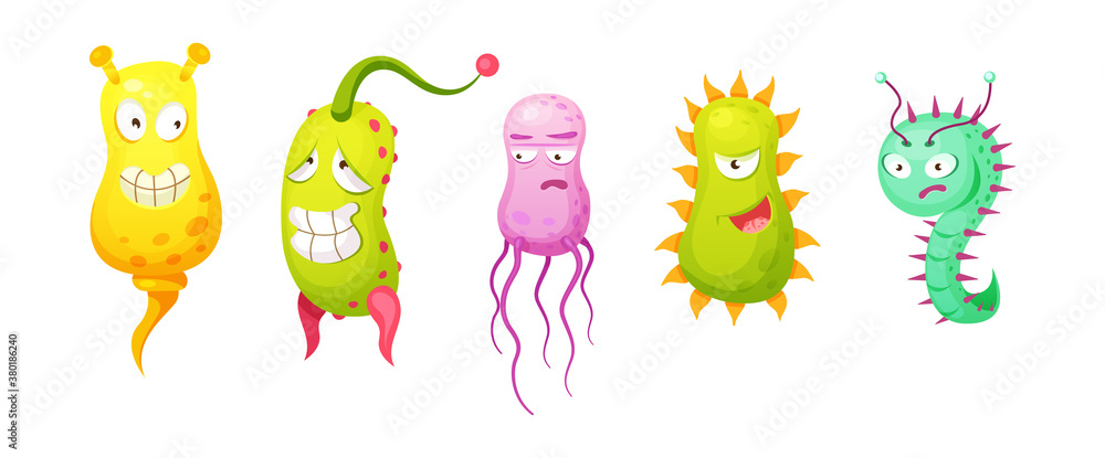 Microorganism, bacteria, microbes, cute germs, virus cell, bacillus ...