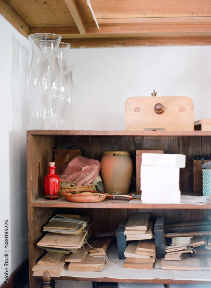 Old book binding workshop with antique books, papers and tools Stock ...