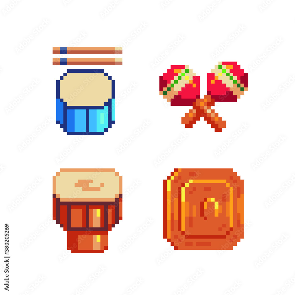 Drum and Maracas, musical instrument pixel art icon, Turkey symbol ...