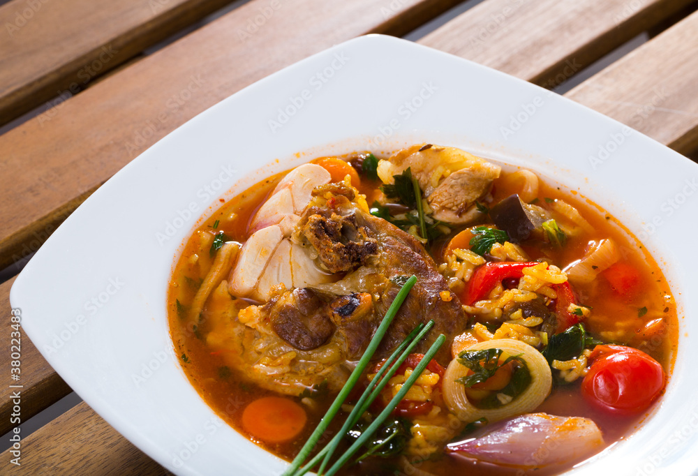 Soup Kharcho - traditional dish of Georgian cuisine. Rich mutton broth ...