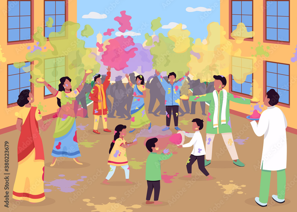 Holi celebration flat color vector illustration. Traditional religious ...