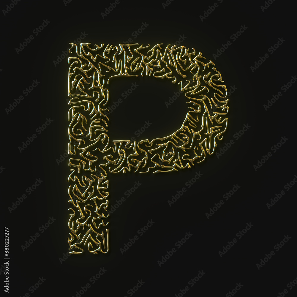 High resolution letter P symbol made of molded golden lines. 3d ...