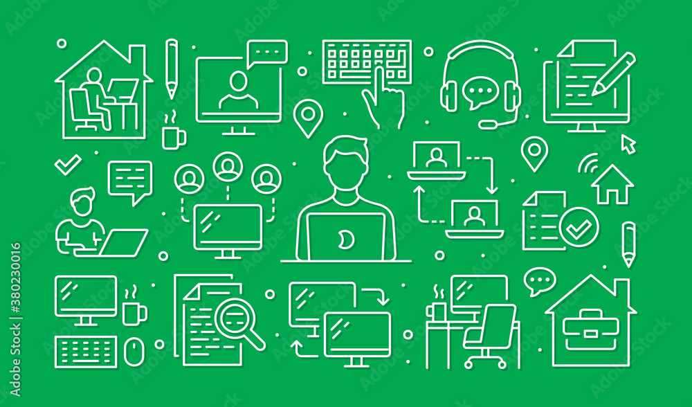 Work from home concept with line icons. Vector green horizontal ...