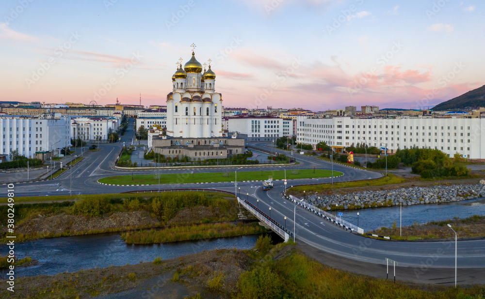 City Of Magadan. Morning view of the great Orthodox Cathedral, streets ...