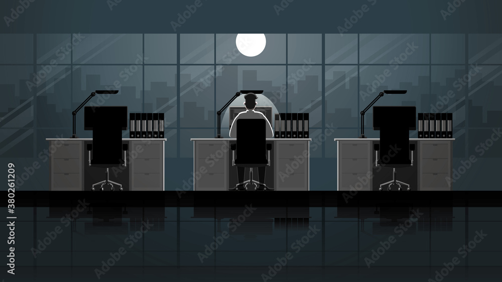 Employee man working on desktop computer in office workplace. Alone in ...