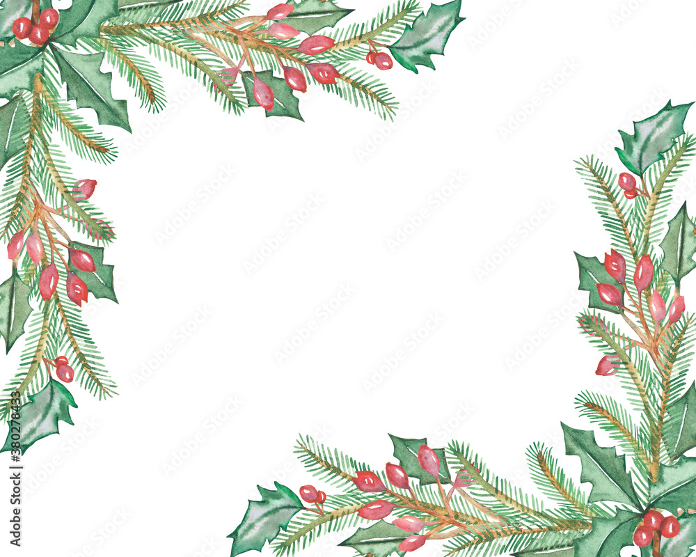 Watercolor hand painted nature winter holiday corner frame with holly ...