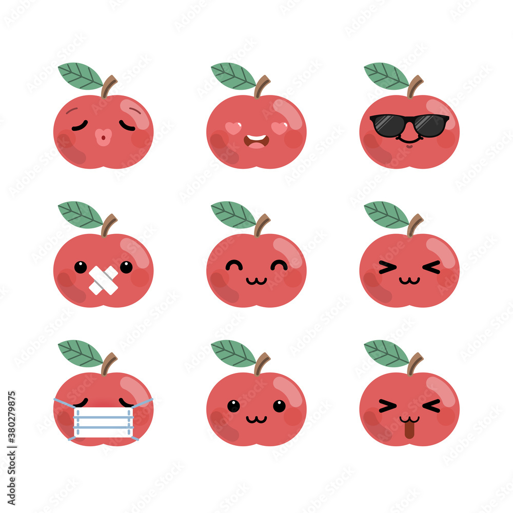 Set of cute cartoon apple emoji set isolated on white background ...