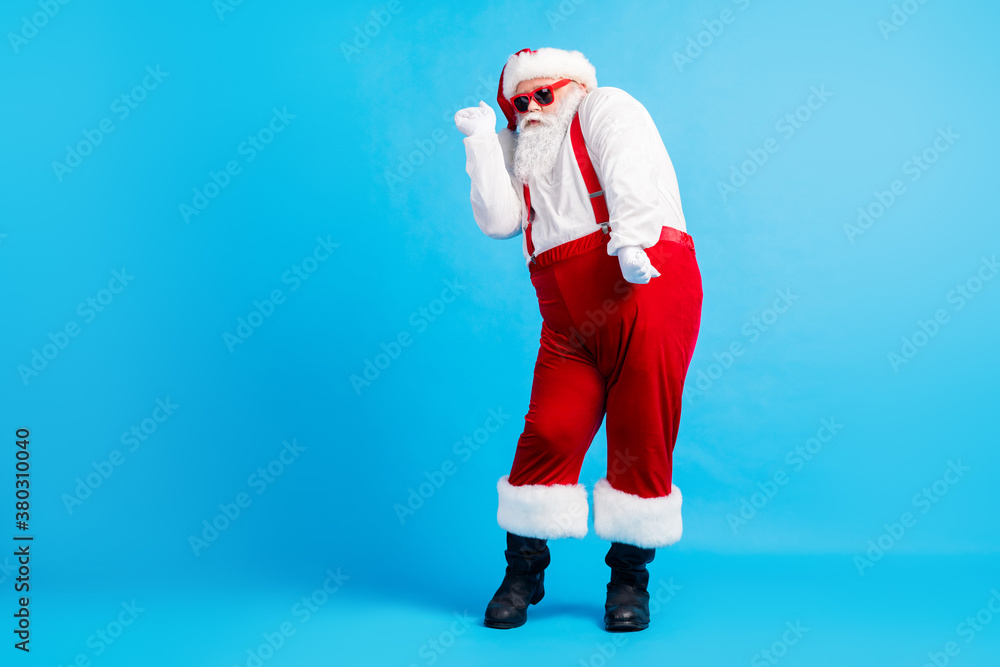 Full length photo of cool funky fat santa claus with big belly beard ...