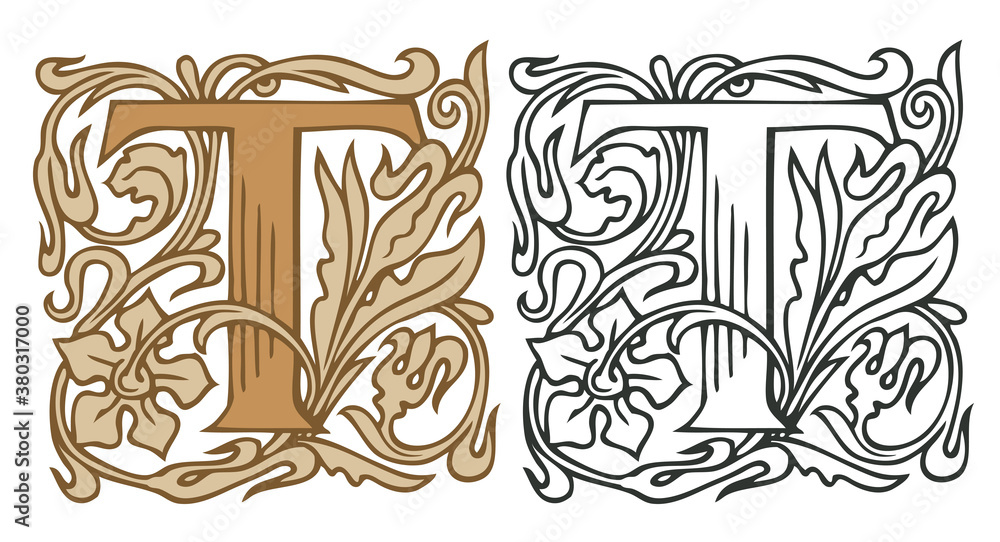 Initial letter T with vintage Baroque decorations. Two vector uppercase ...