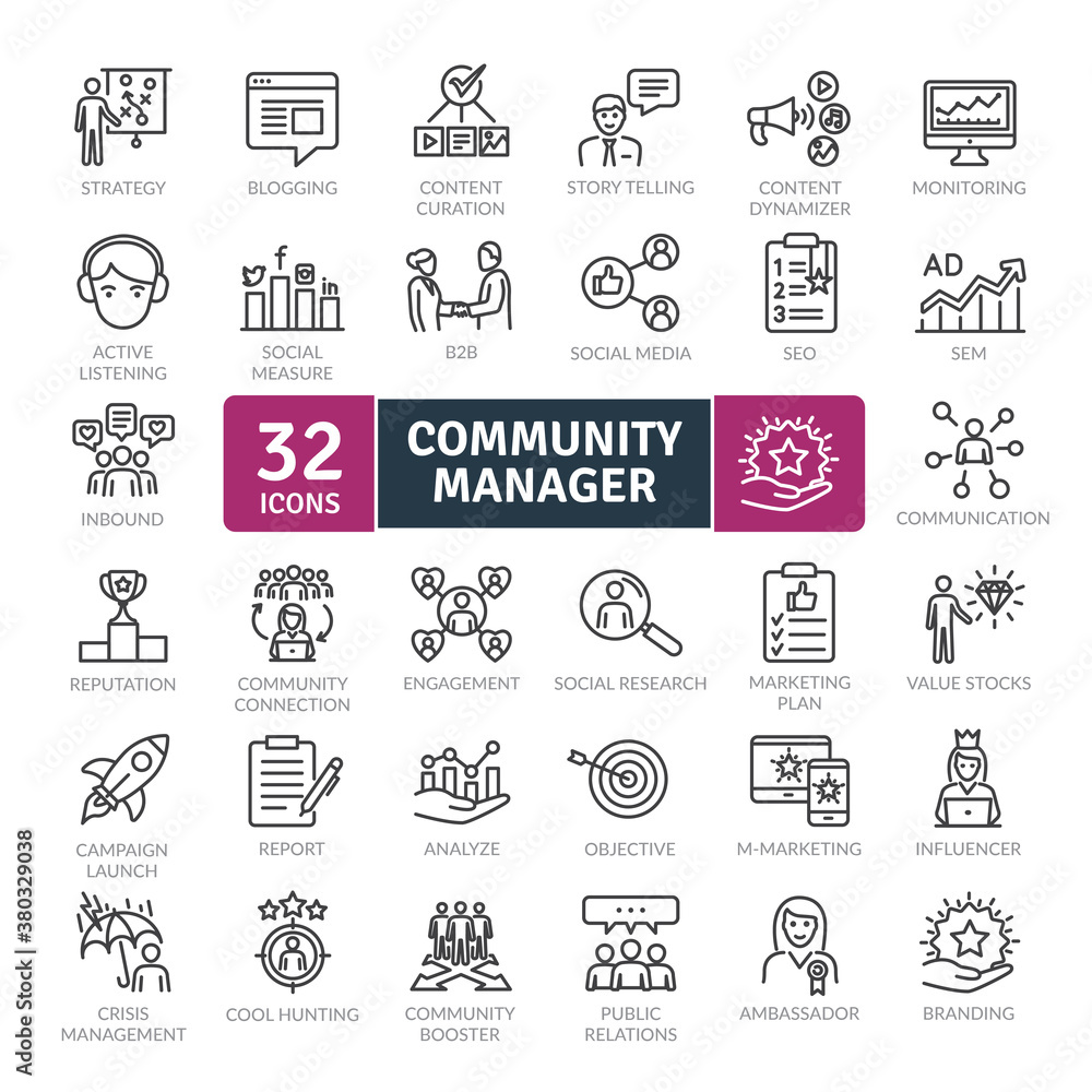 Community Manager activities. Thin line Icon Pack. Vector symbols ...