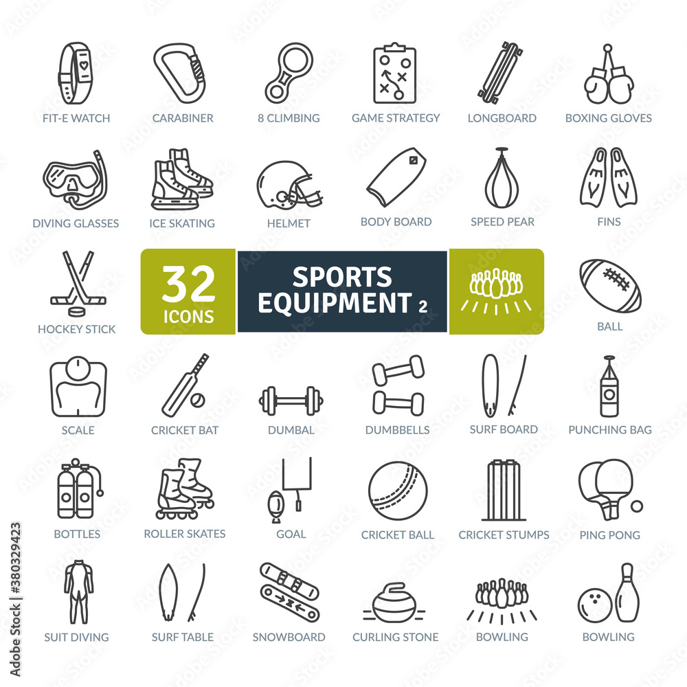 Sports Equipment Icons Pack. Thin line icons set. Flat icon collection ...